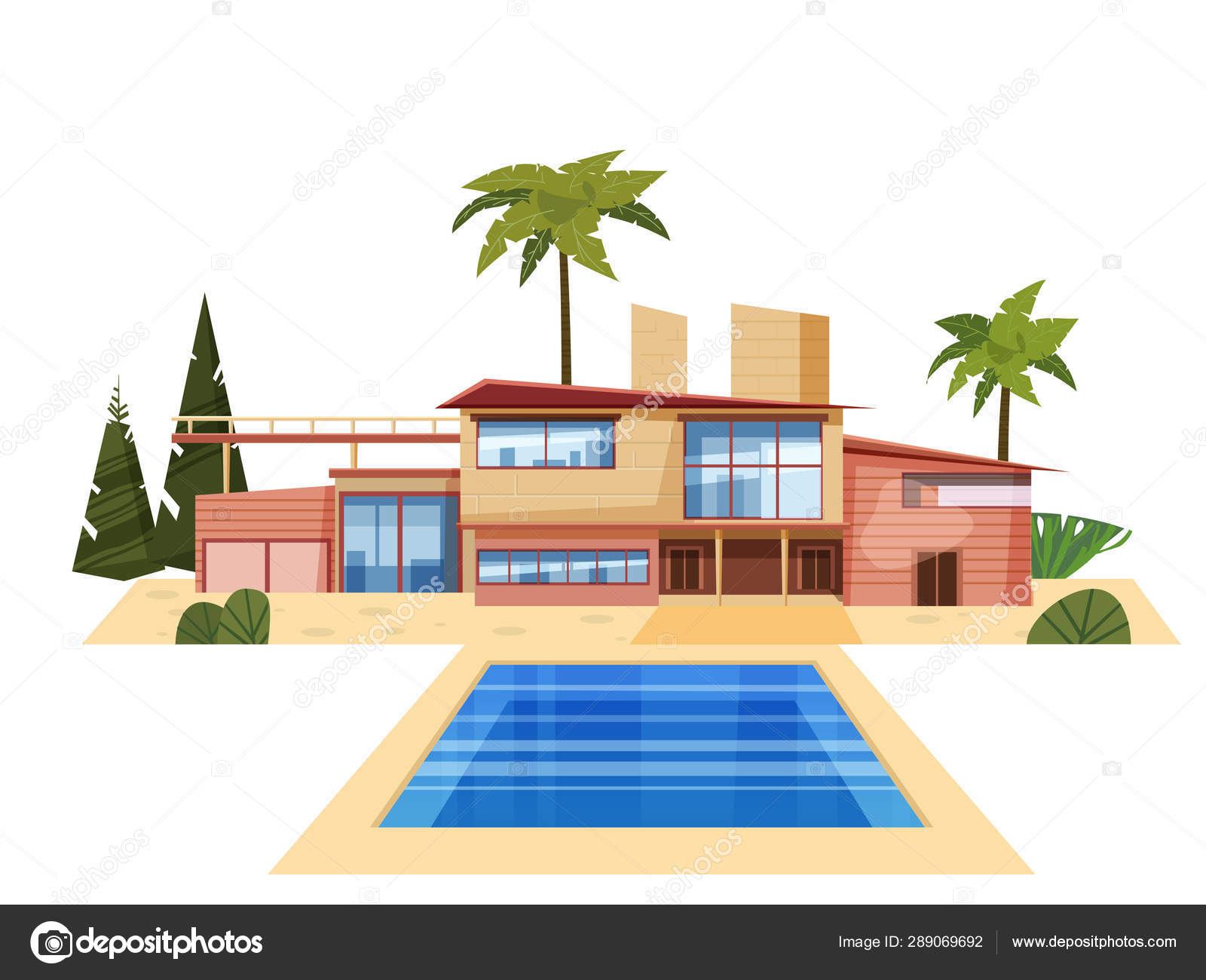 Modern villa on residence, expensive mansion palm trees. Luxury cottage ...