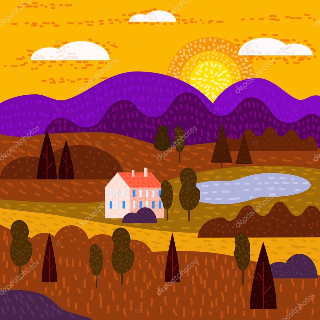 Paisaje rural con edificación, casa montañas colinas y árboles ...