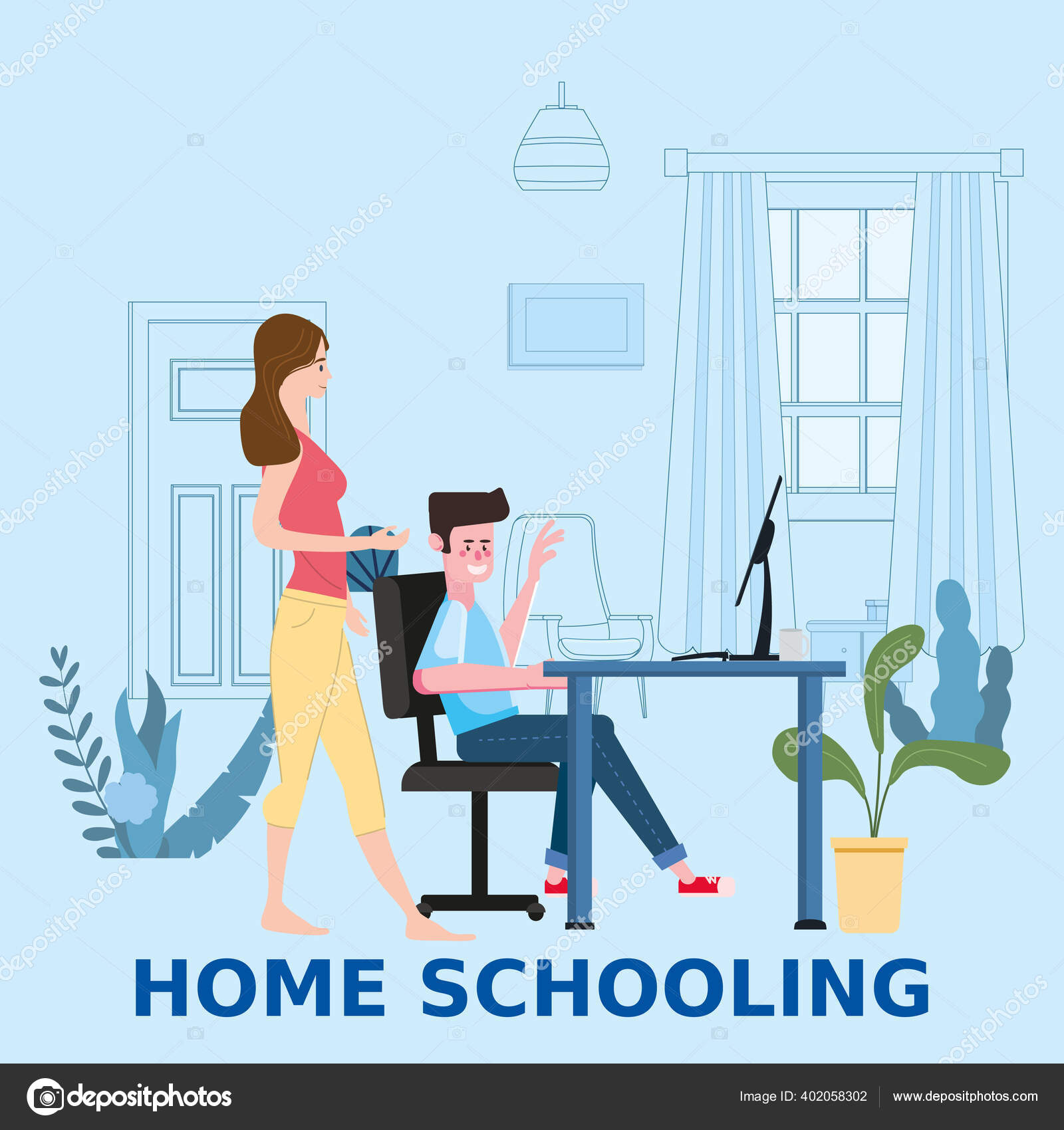 Home Schooling Online boy studying with computer and mother. The ...