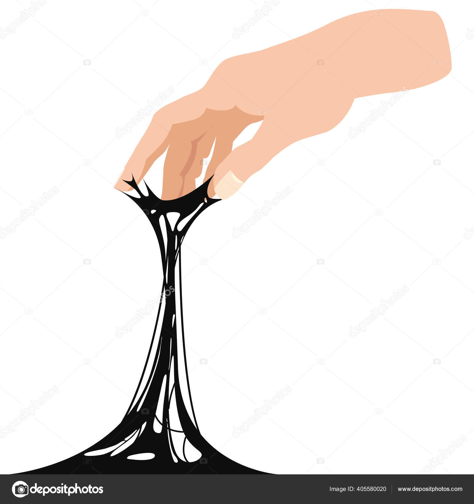 Sticky slime, reaching for stuck by the hand between fingers, white ...