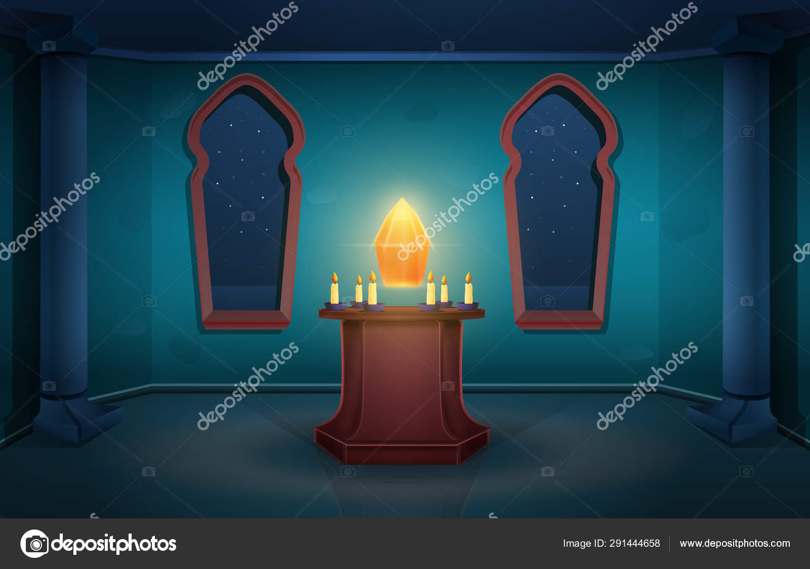 Cartoon magic tower of the sorcerer's castle with crystal at nig Stock ...