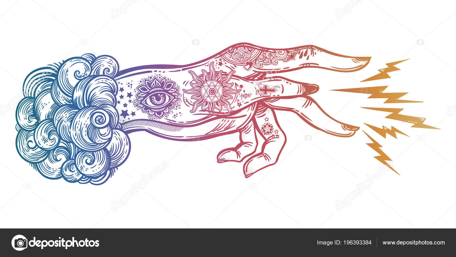 Flash magic. Inked human hand, sending magic hypnosis lightning beam ...