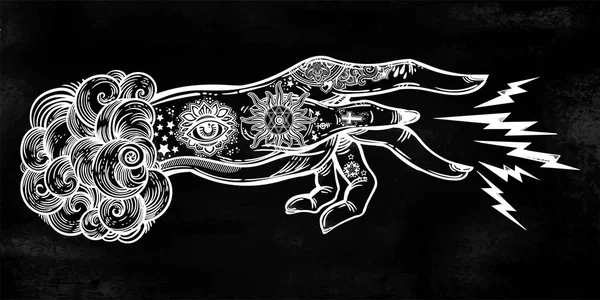 Flash magic. Inked human hand, sending magic hypnosis lightning beam ...