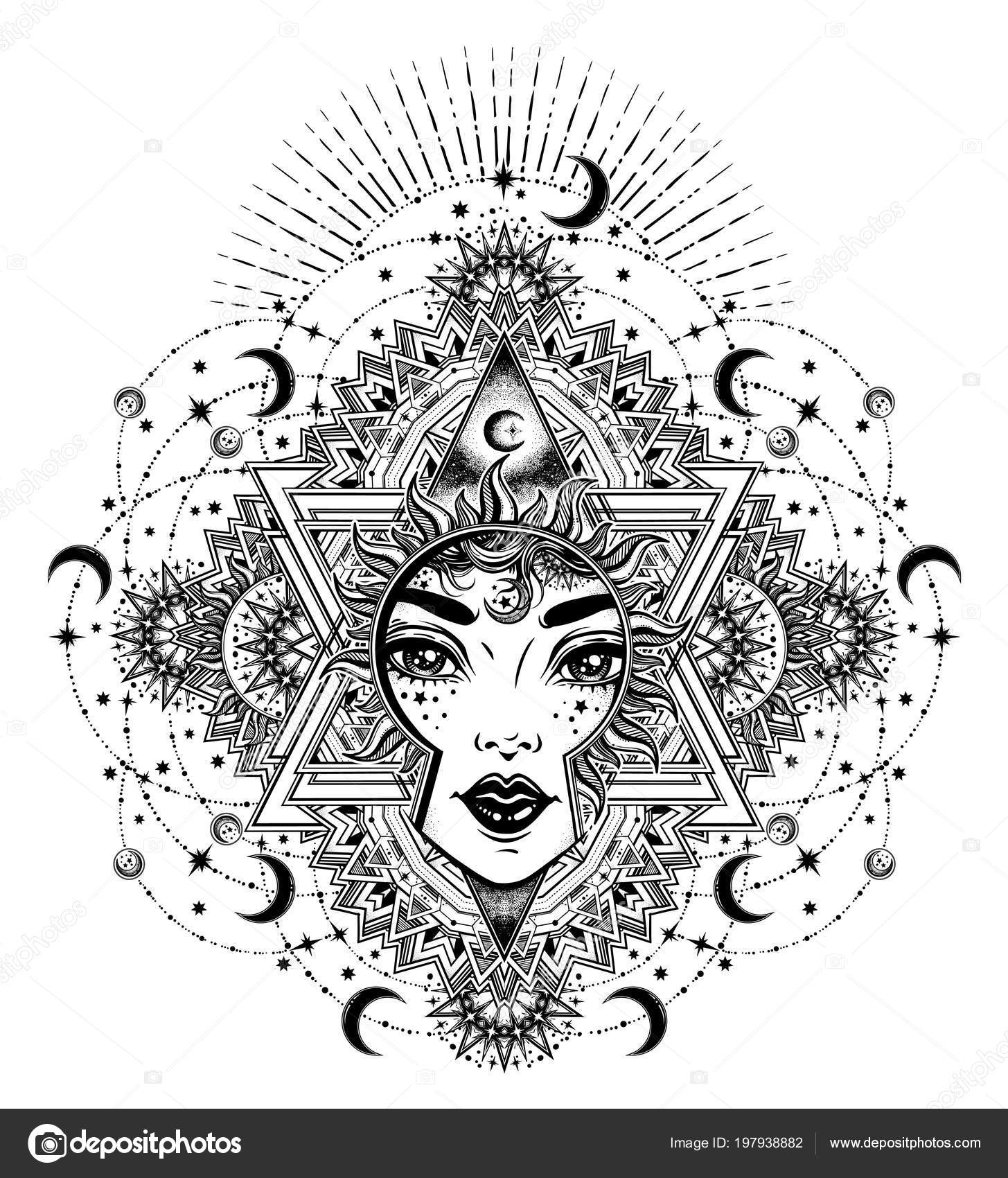 Beautiful divine sun goddess girl with ornate halo — Stock Vector ...