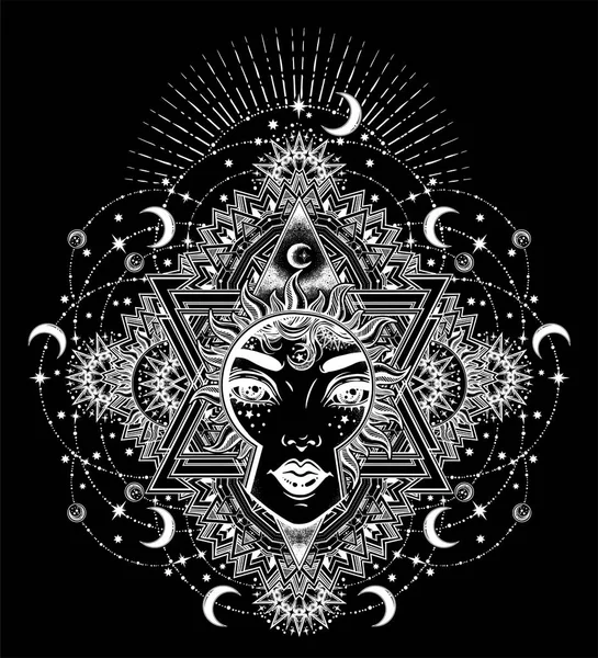 Beautiful divine sun goddess girl with ornate halo — Stock Vector ...