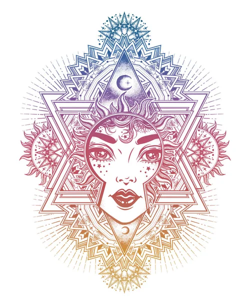 Beautiful divine sun goddess girl with ornate halo — Stock Vector ...