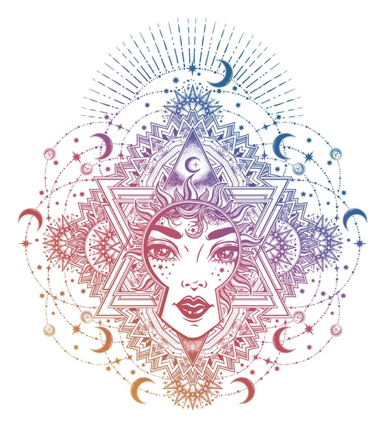 Beautiful divine sun goddess girl with ornate halo — Stock Vector ...