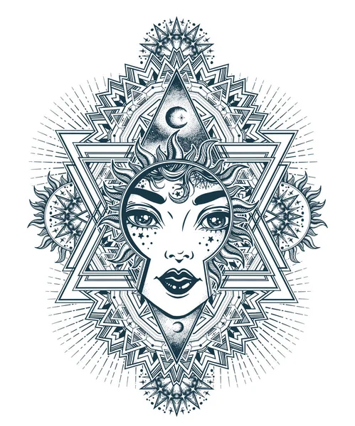 Beautiful divine sun goddess girl with ornate halo — Stock Vector ...