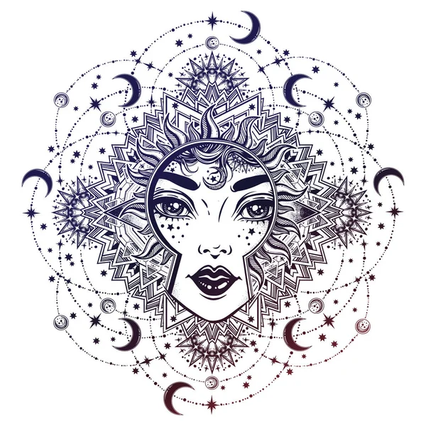 Beautiful divine sun goddess girl with ornate halo — Stock Vector ...