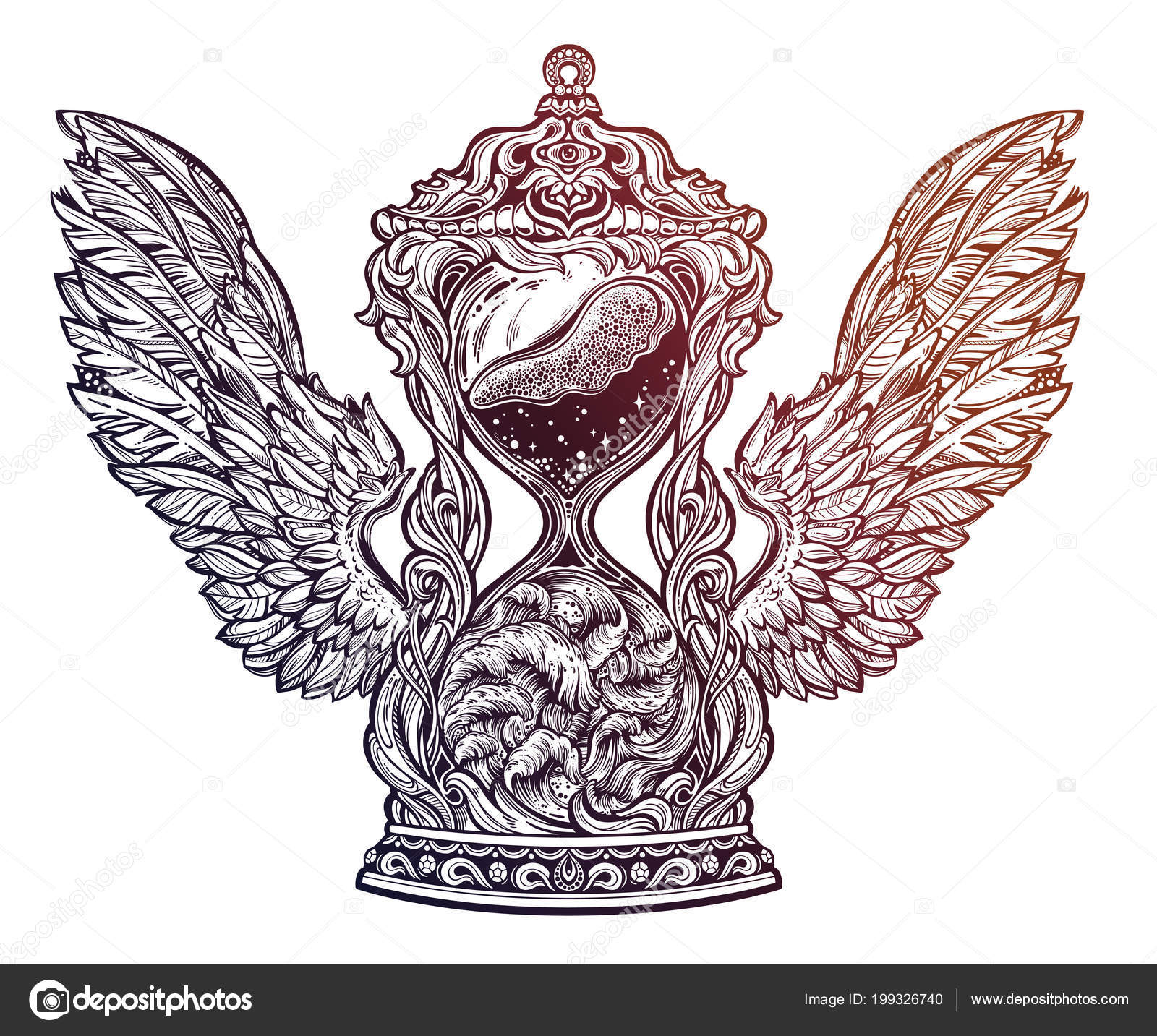 Decorative Antique Winged Hourglass With Waves Of Time Illustration Sand Clock Isolated Vector