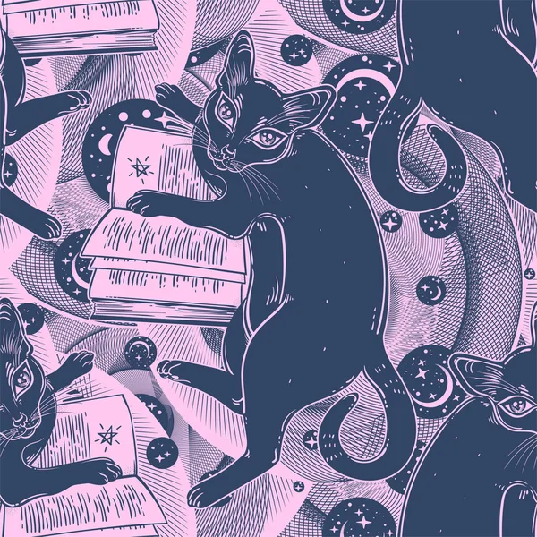 Smart black cat reading the magic book seamless pattern. - Stock Image ...