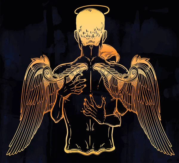 Man imp in the arms of a female demon. She gives skin cut wounds ...