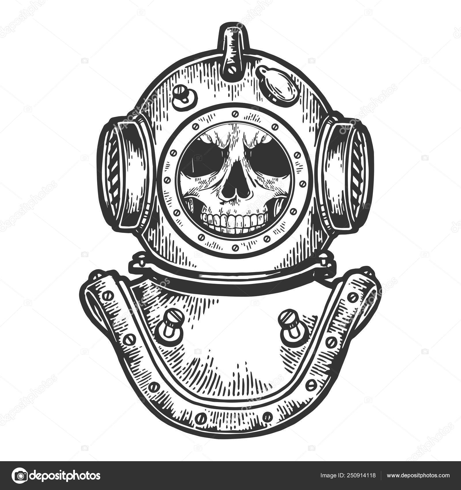 Human skull diving helmet sketch engraving vector illustration. Scratch ...
