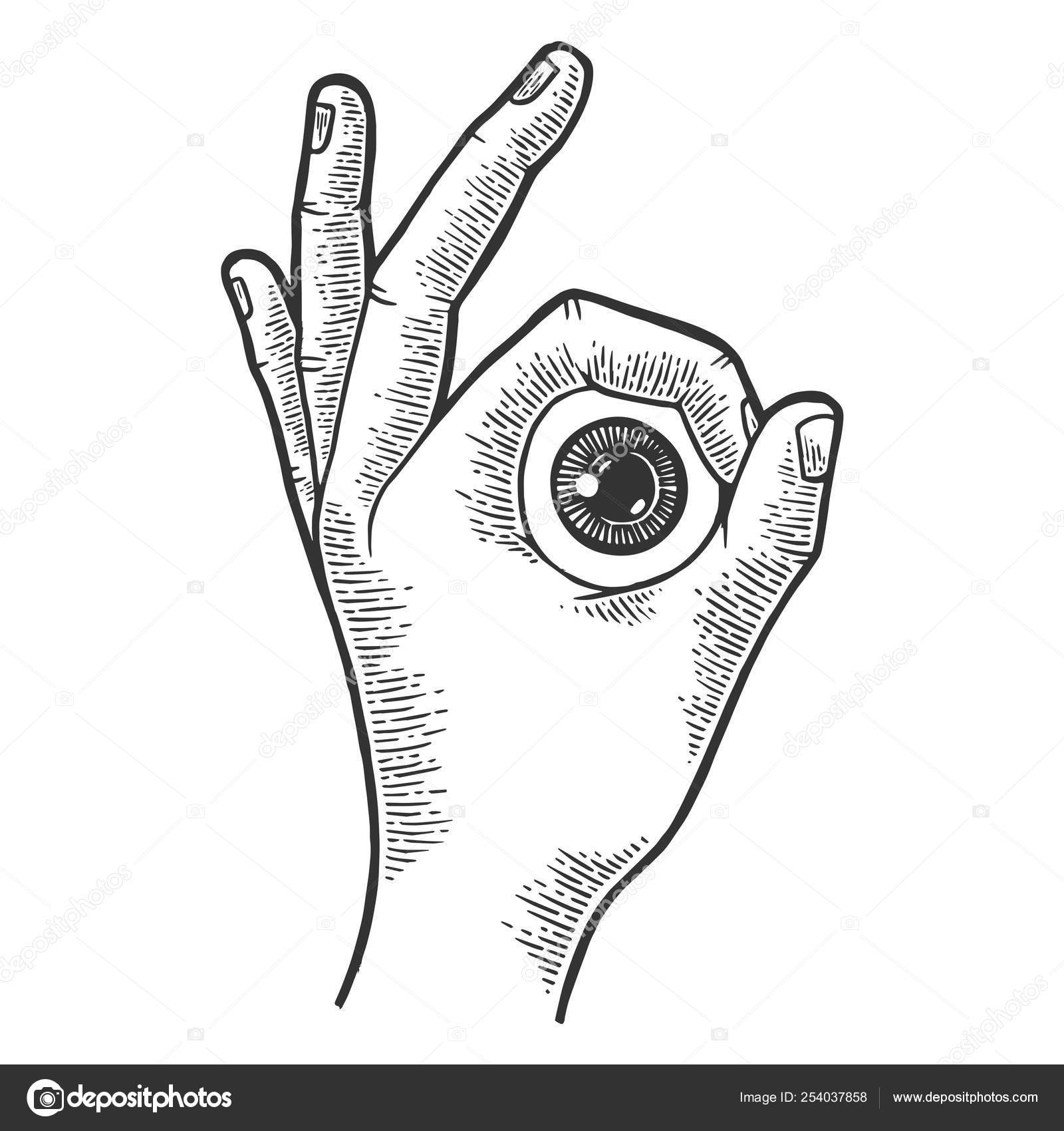 Ojo humano en la mano ok gesto boceto grabado vector ilustración. Buena ...