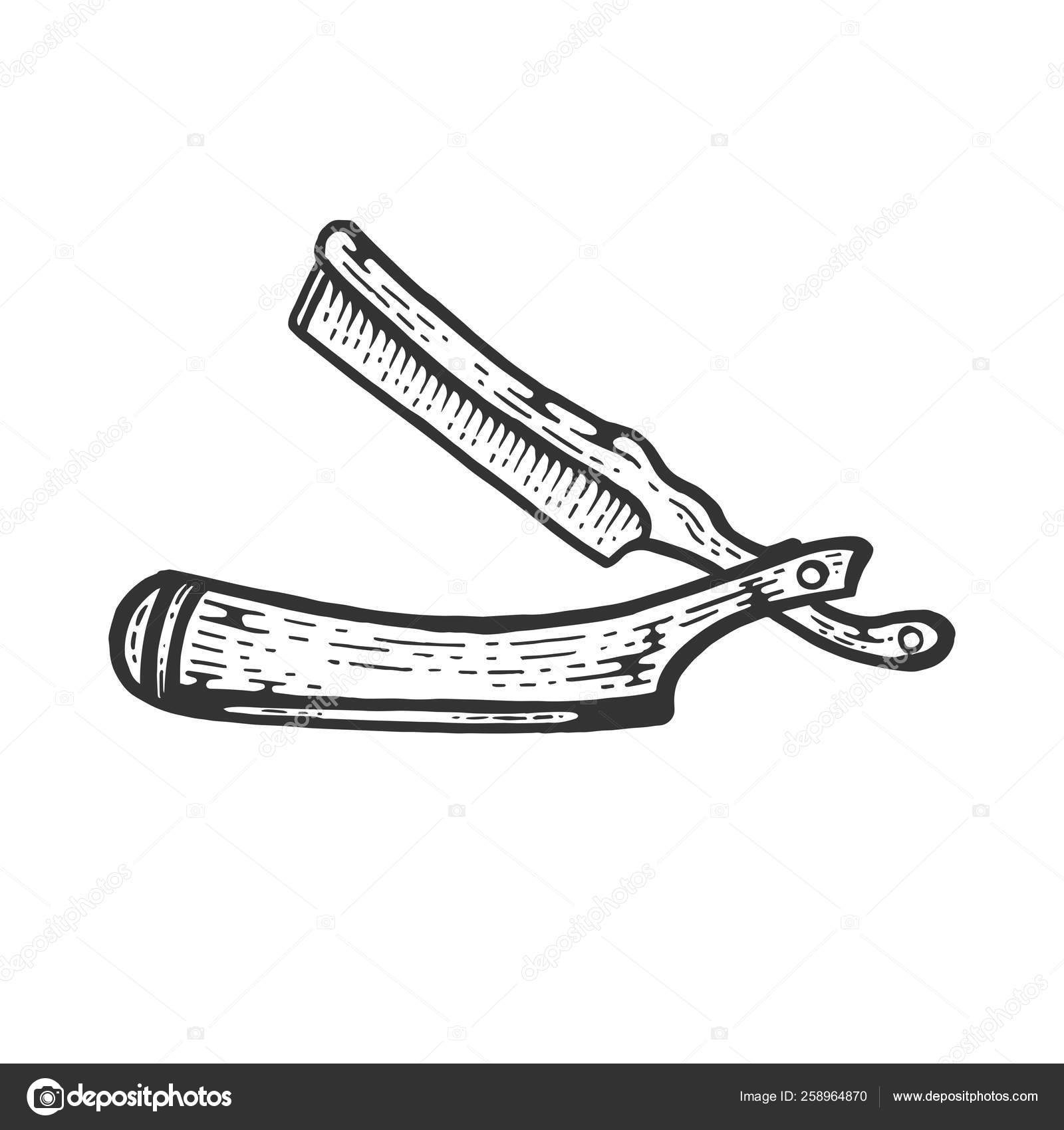Barber tool straight razor sketch engraving vector illustration ...