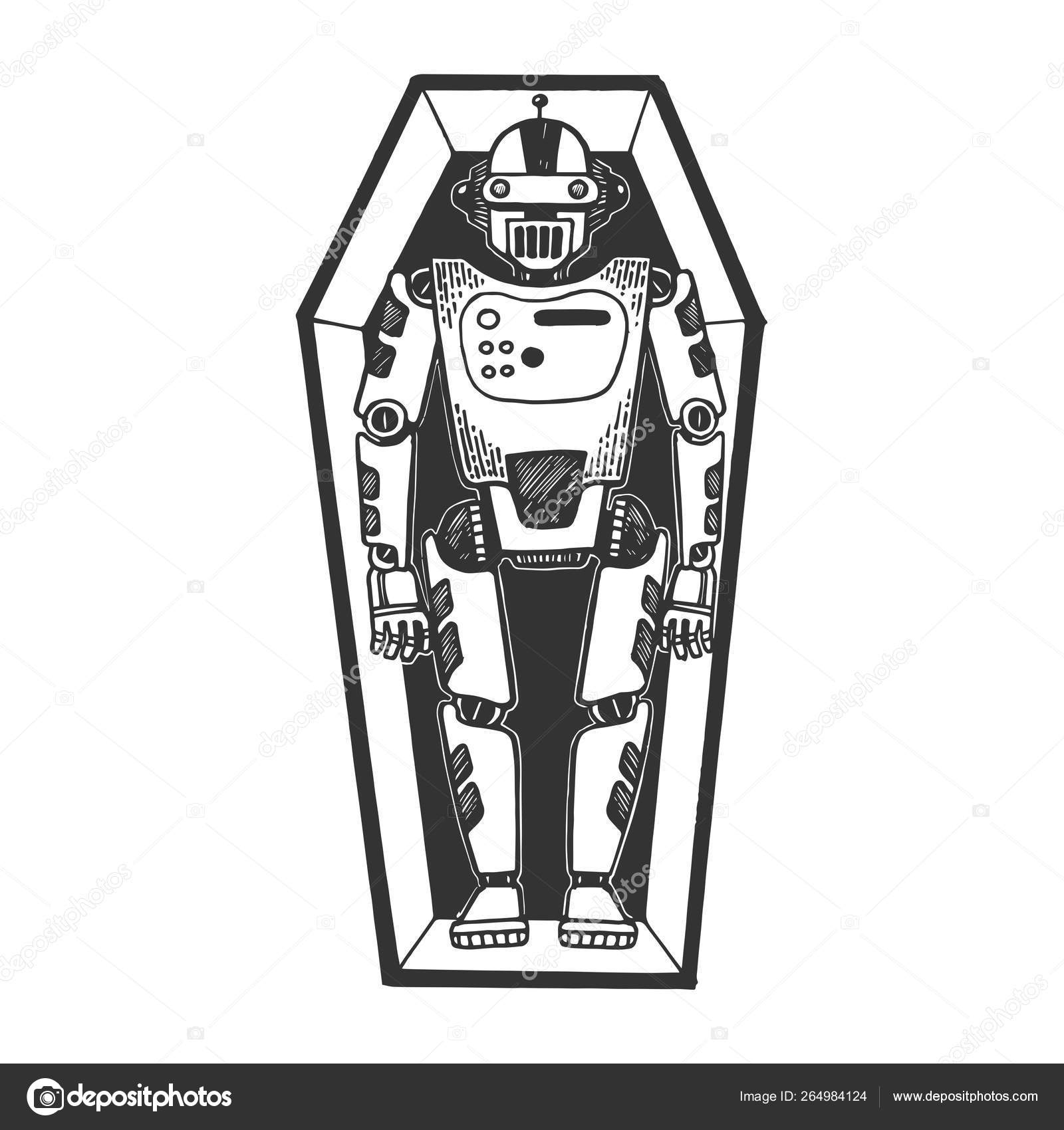 Humanoid dead robot in coffin sketch engraving vector illustration ...