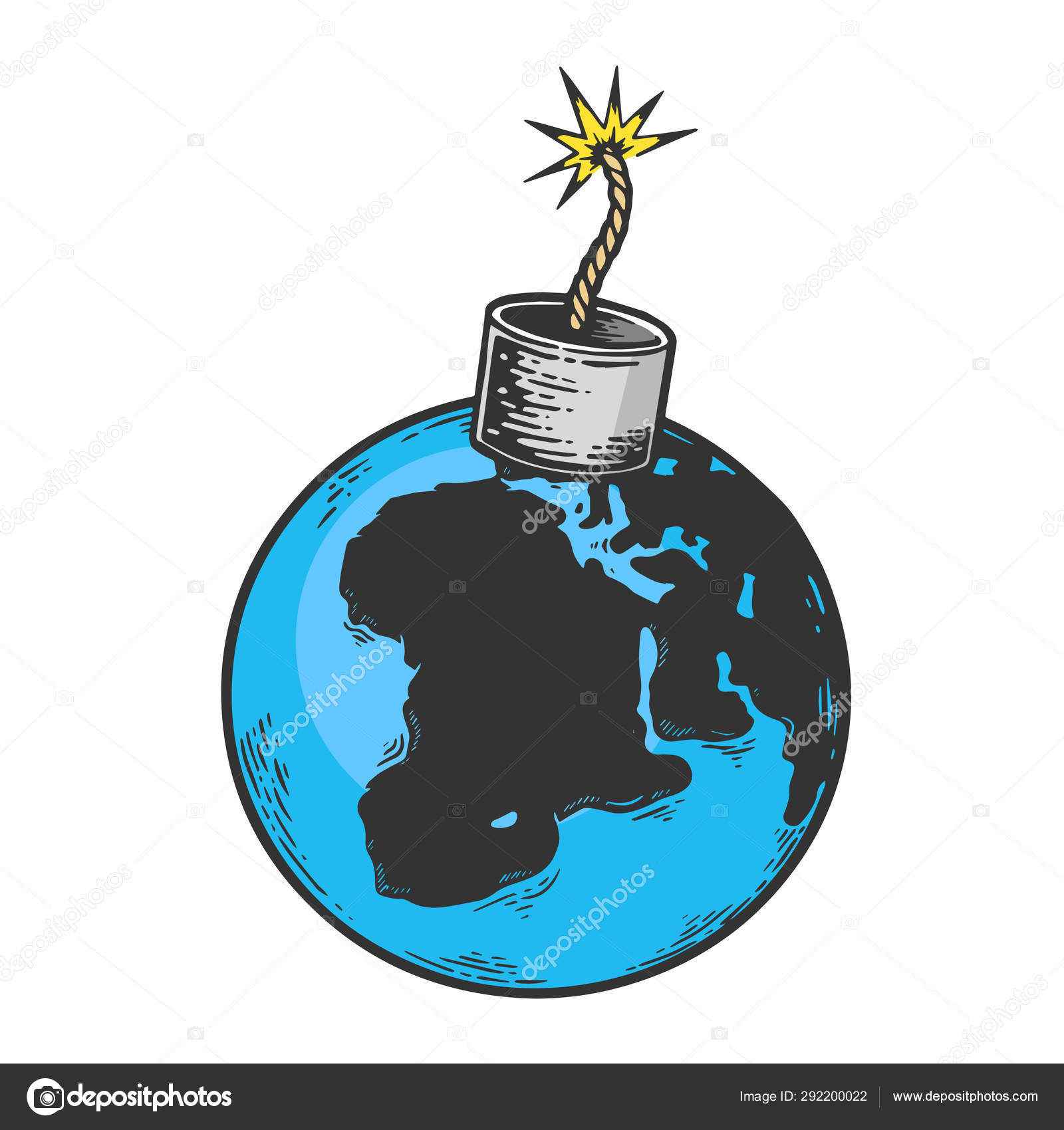 Bomb explosive planet earth war danger metaphor color sketch engraving ...