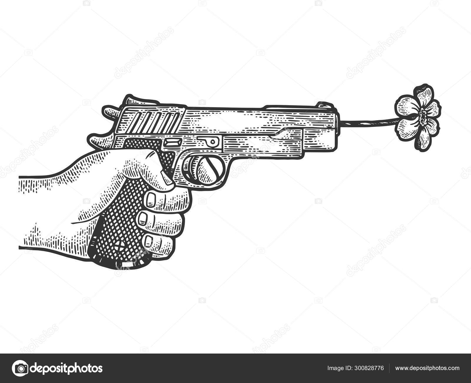 Gun shoots a flower sketch engraving vector illustration. Scratch board ...