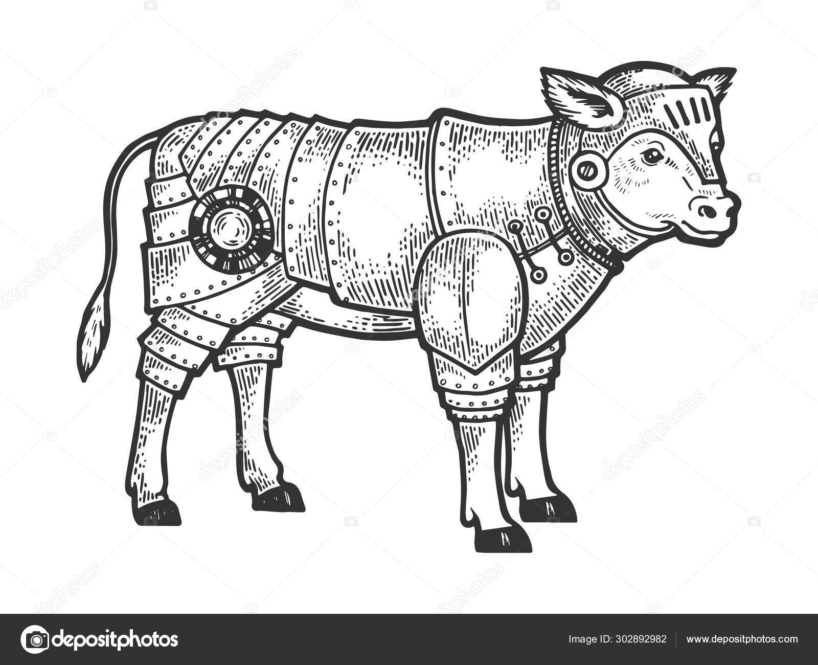 Calf bull in knight armor sketch engraving vector illustration. Tee ...