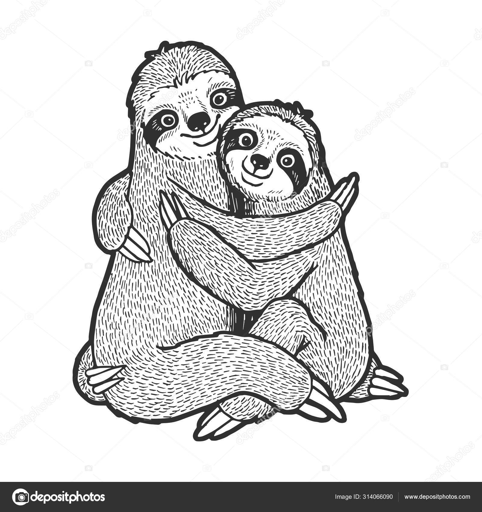Sloth love couple hug sketch engraving vector illustration. T-shirt ...