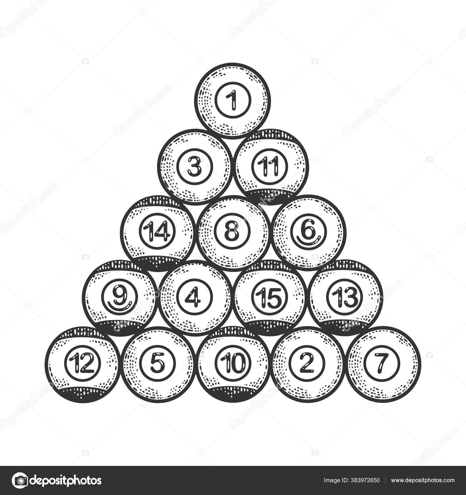 Billiard balls lined up in a triangle sketch engraving vector ...