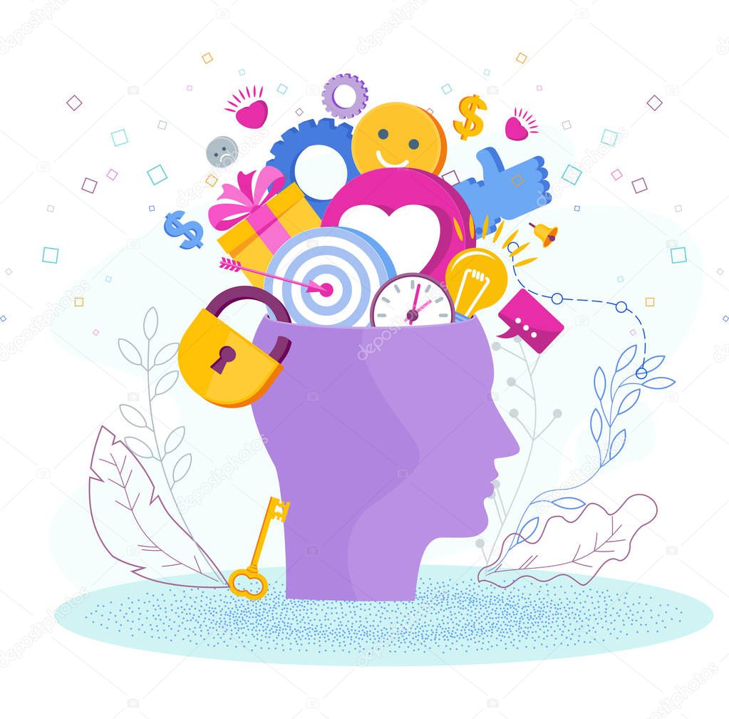 Cabeza humana con pensamientos e ideas. Metáfora de la inspiración ...