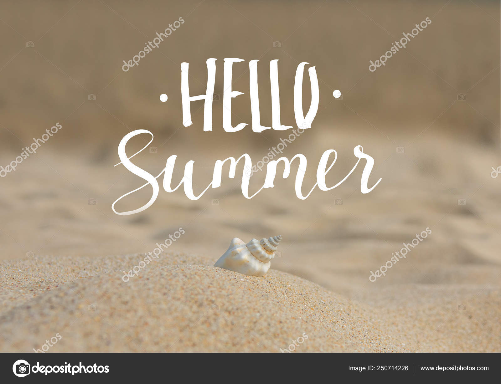 Hello summer. Tropical beach and sand background with hand lettering ...