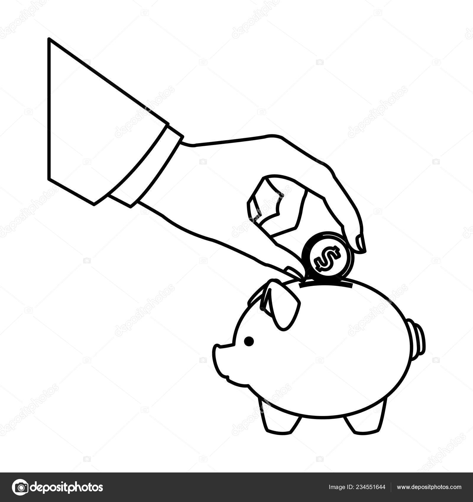 Piggy Saving Hand Put Coin Drawing White Background Vector Illustration ...