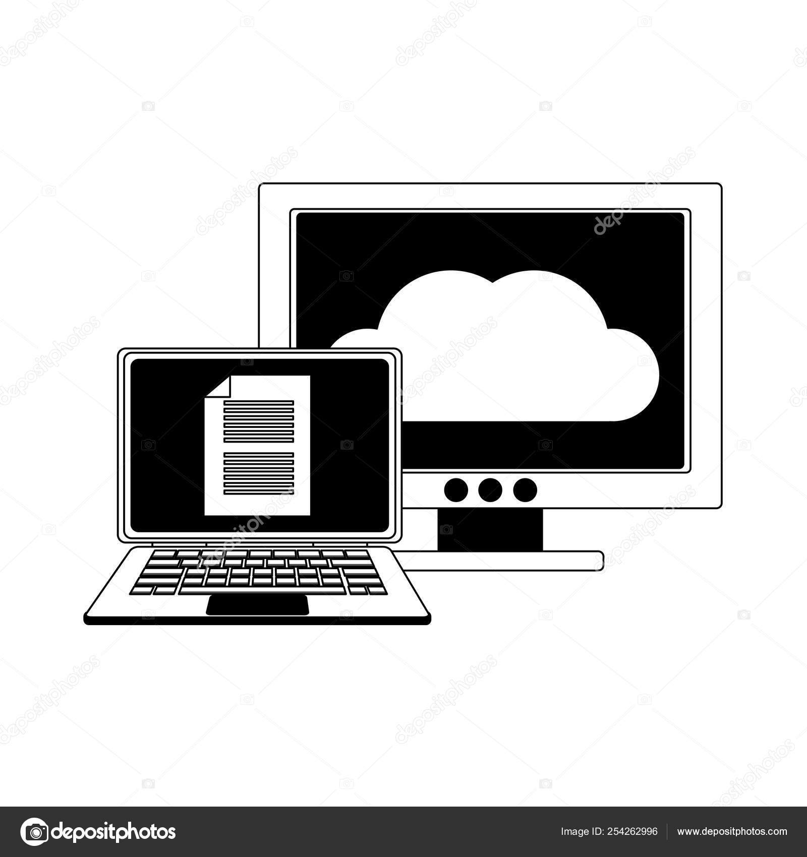 Laptop and computer with cloud computing in black and white Stock Vector by ©jemastock 254262996