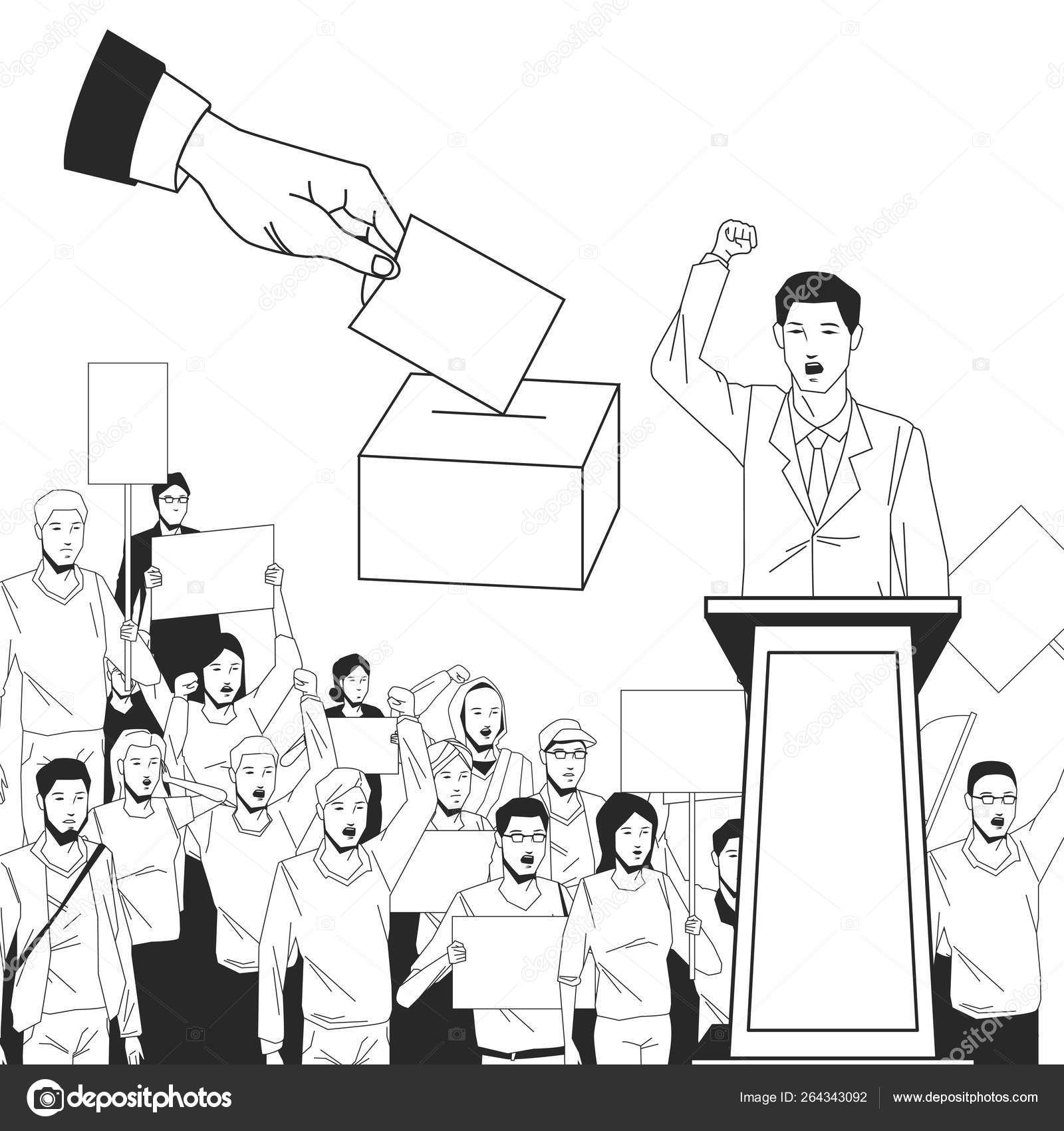 Man making a speech and audience with signboard and voting Stock Vector ...