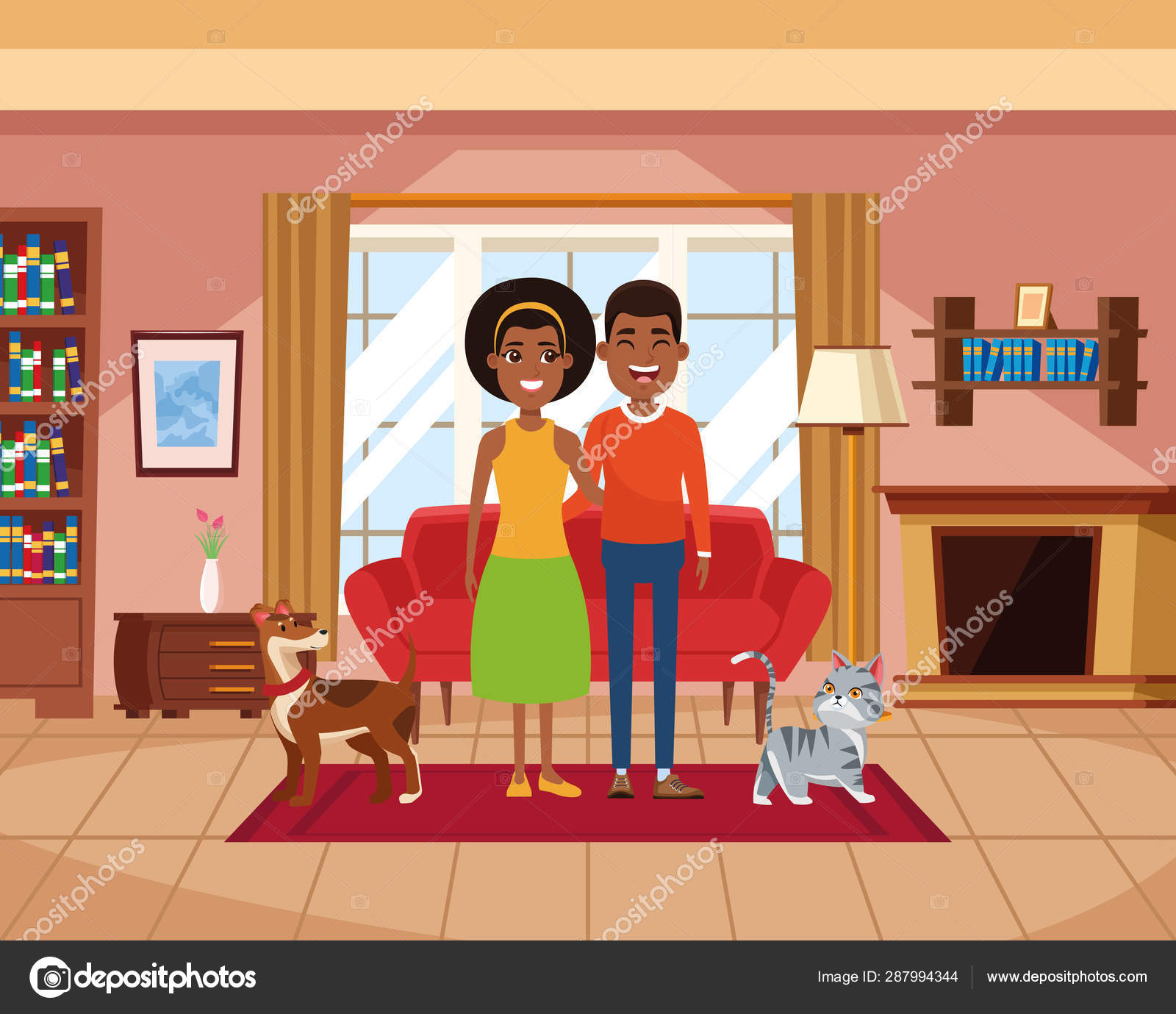 Familia dentro del hogar paisaje dibujos animados Vector de stock ...