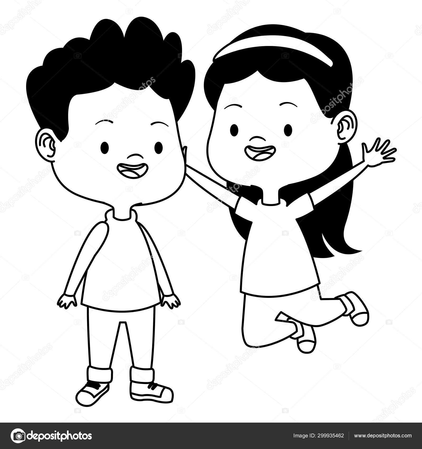Niedliche glückliche Kinder, die lustige Cartoons in schwarz und weiß ...