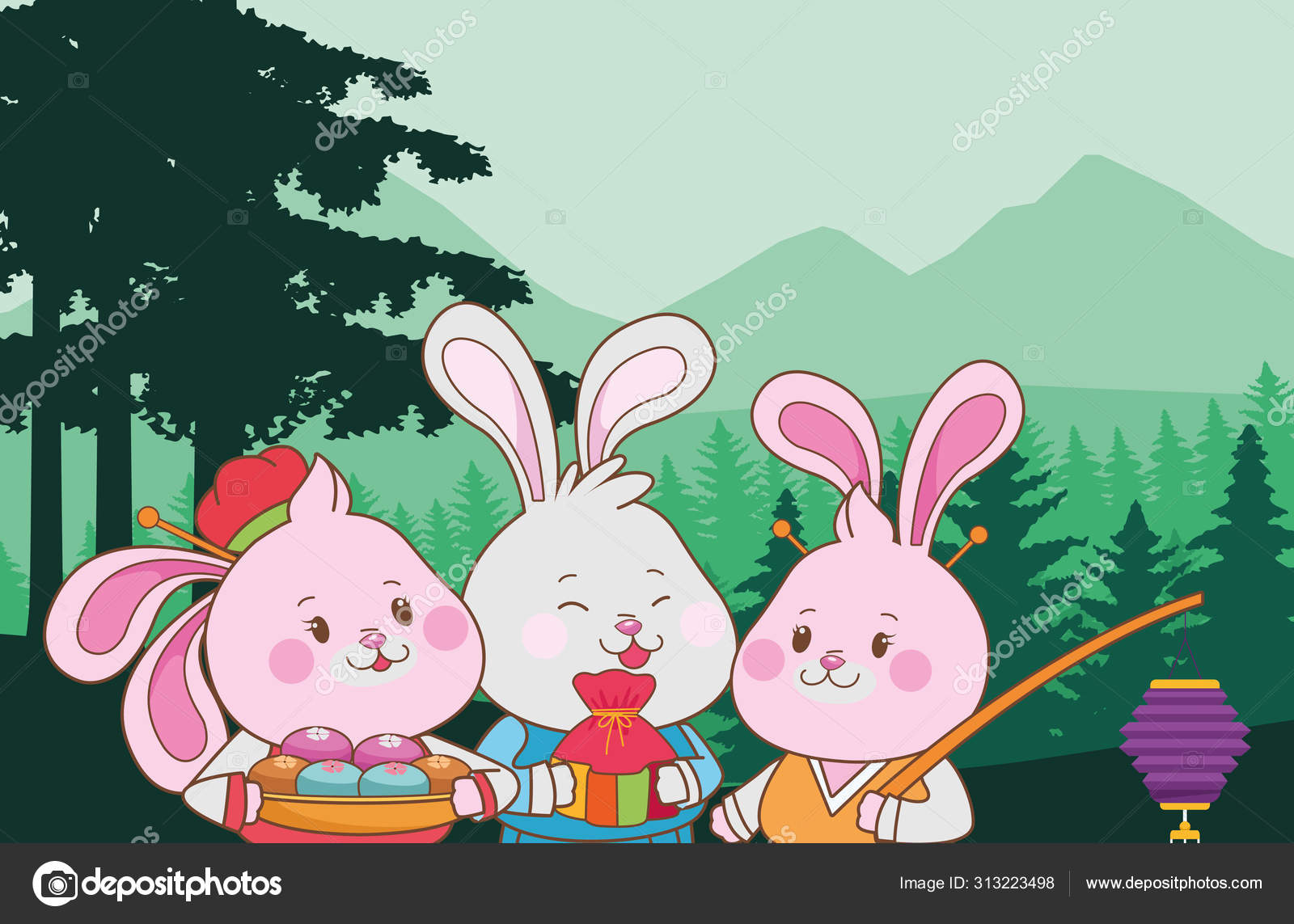 Rabbits celebrating mid autumn festival cartoons — Stock Vector © jemastock #313223498