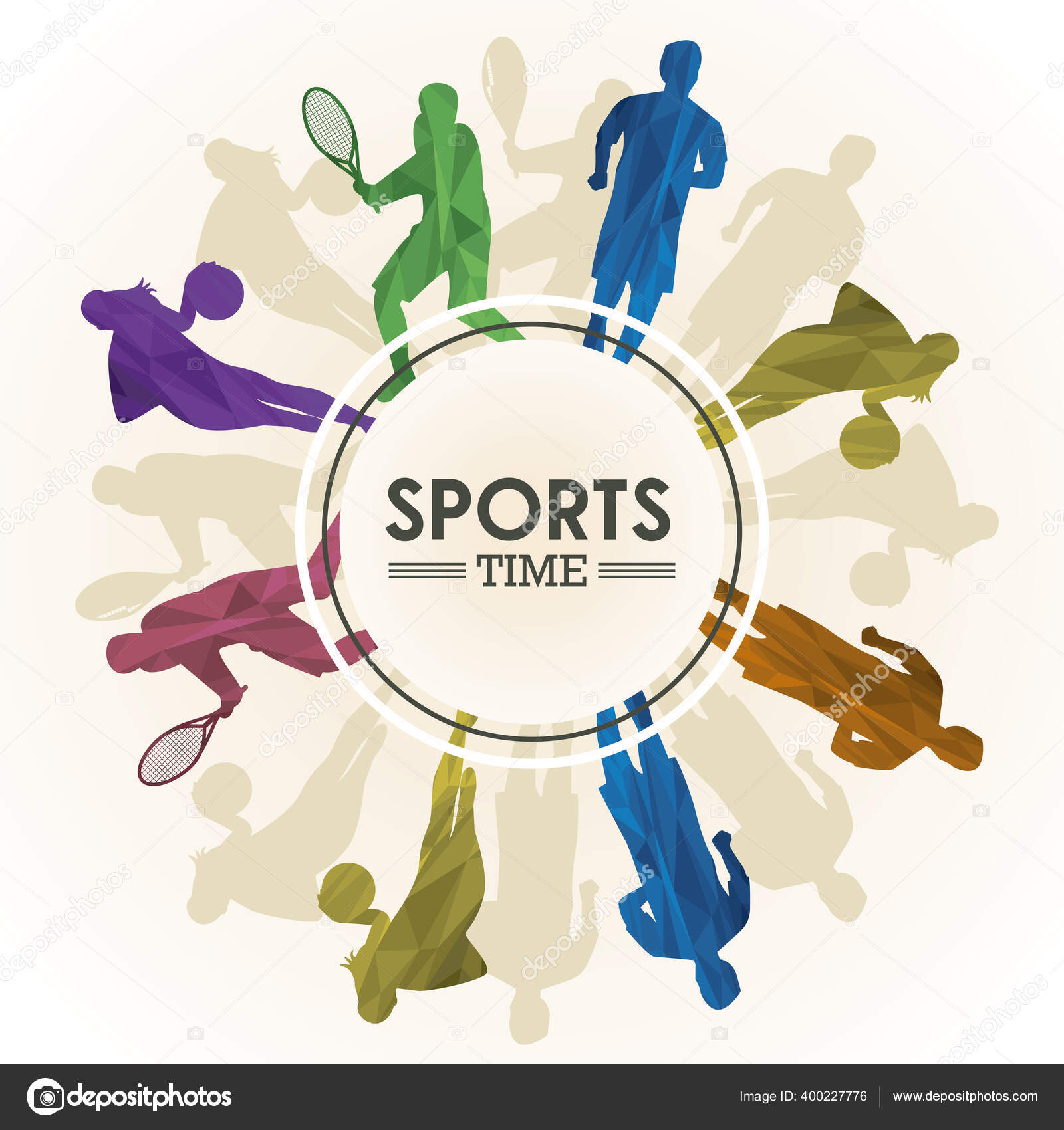 Sports time poster with athletes figures silhouettes in circular frame ...