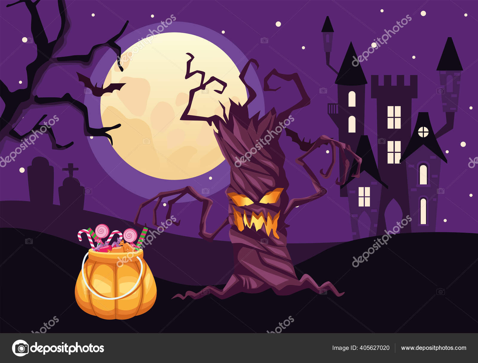 Halloween tree cartoon and pumpkin with candies vector design Stock ...