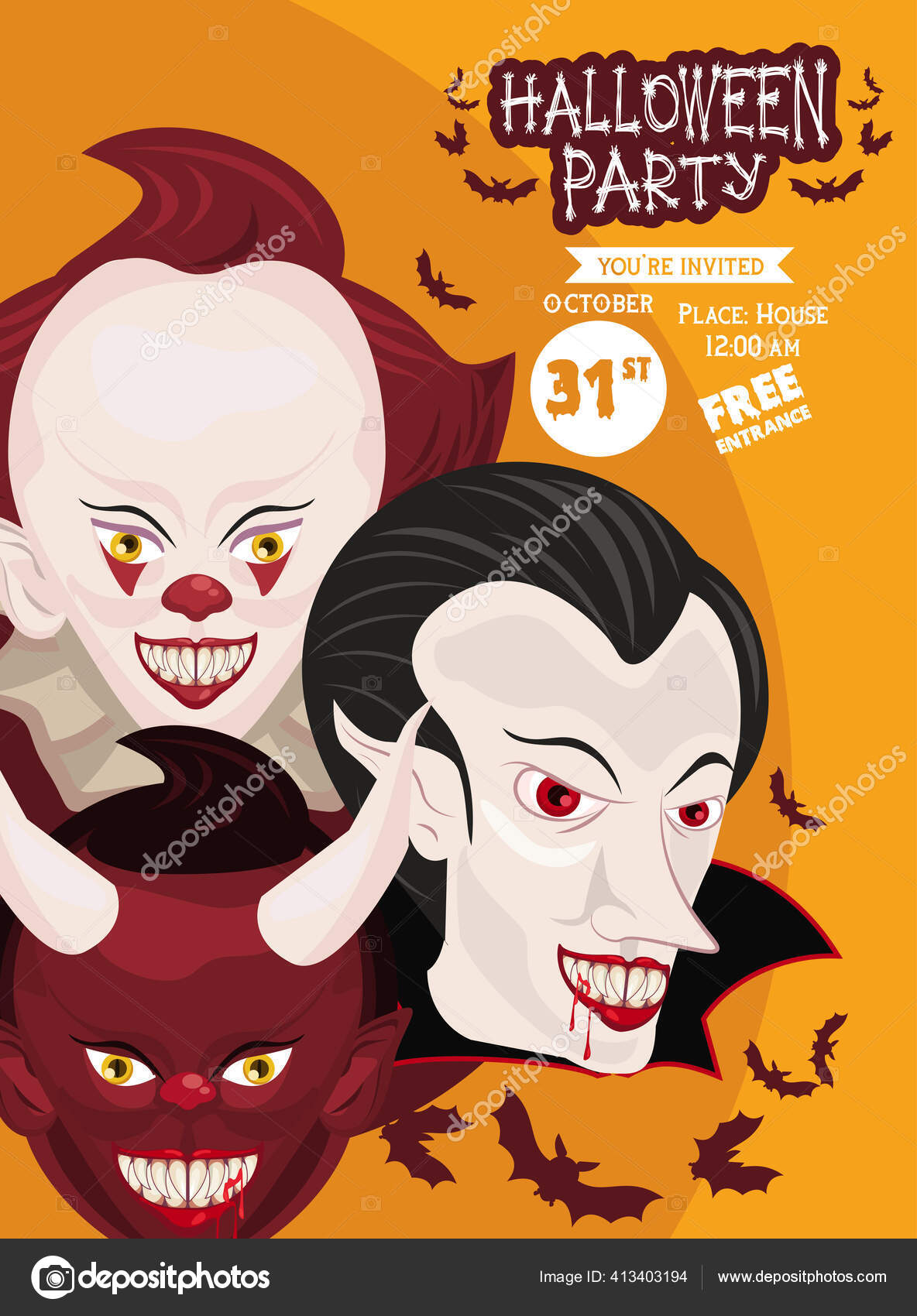 Halloween horror party celebration poster with group of dark characters ...