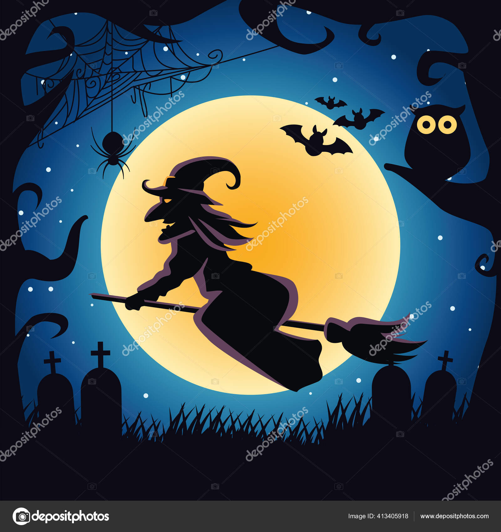 Bruja volando en escoba con búho y murciélagos escena nocturna Vector de stock #413405918 de ...