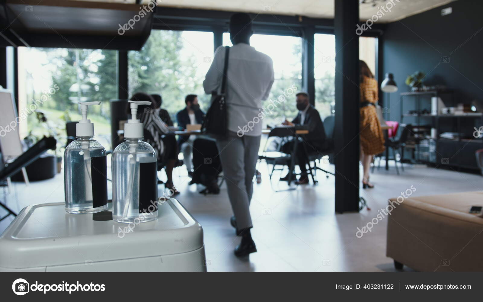 Safety at office workplace after coronavirus. Close-up business people ...