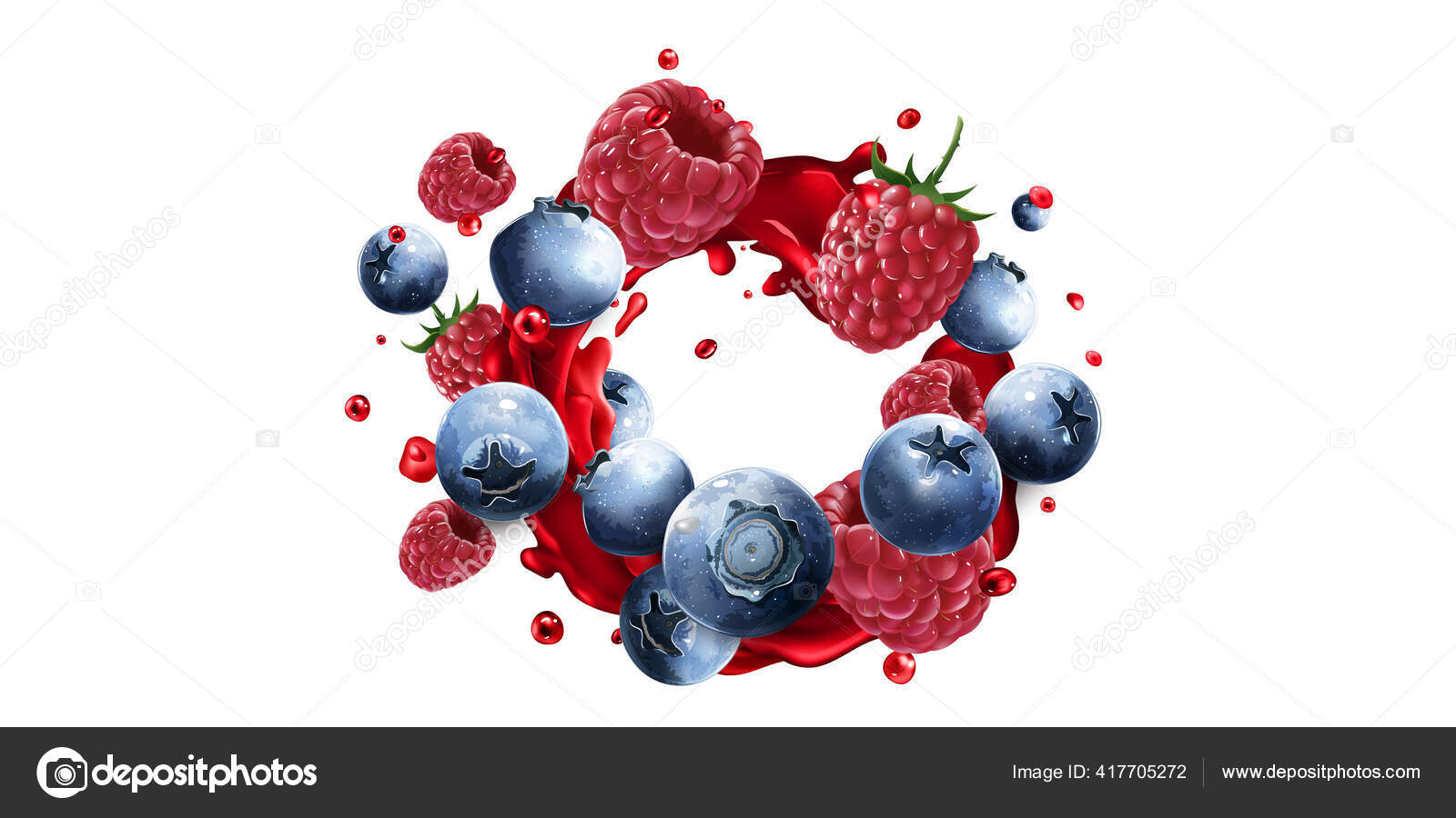 Blueberries and raspberries in a splash of red fruit juice. Stock ...