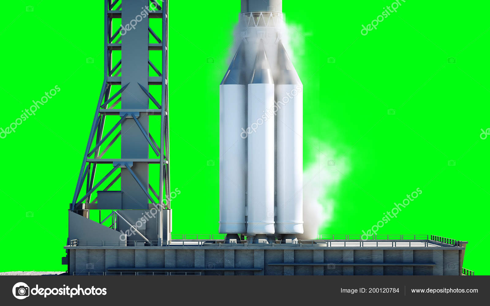 Rocket before the start . Space launch system. Isolate green screen. 3d ...