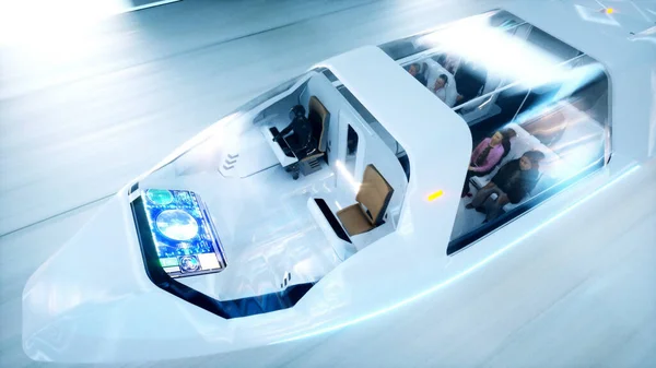 Futuristic passenger bus flying in space. Transport of the future. 3d ...