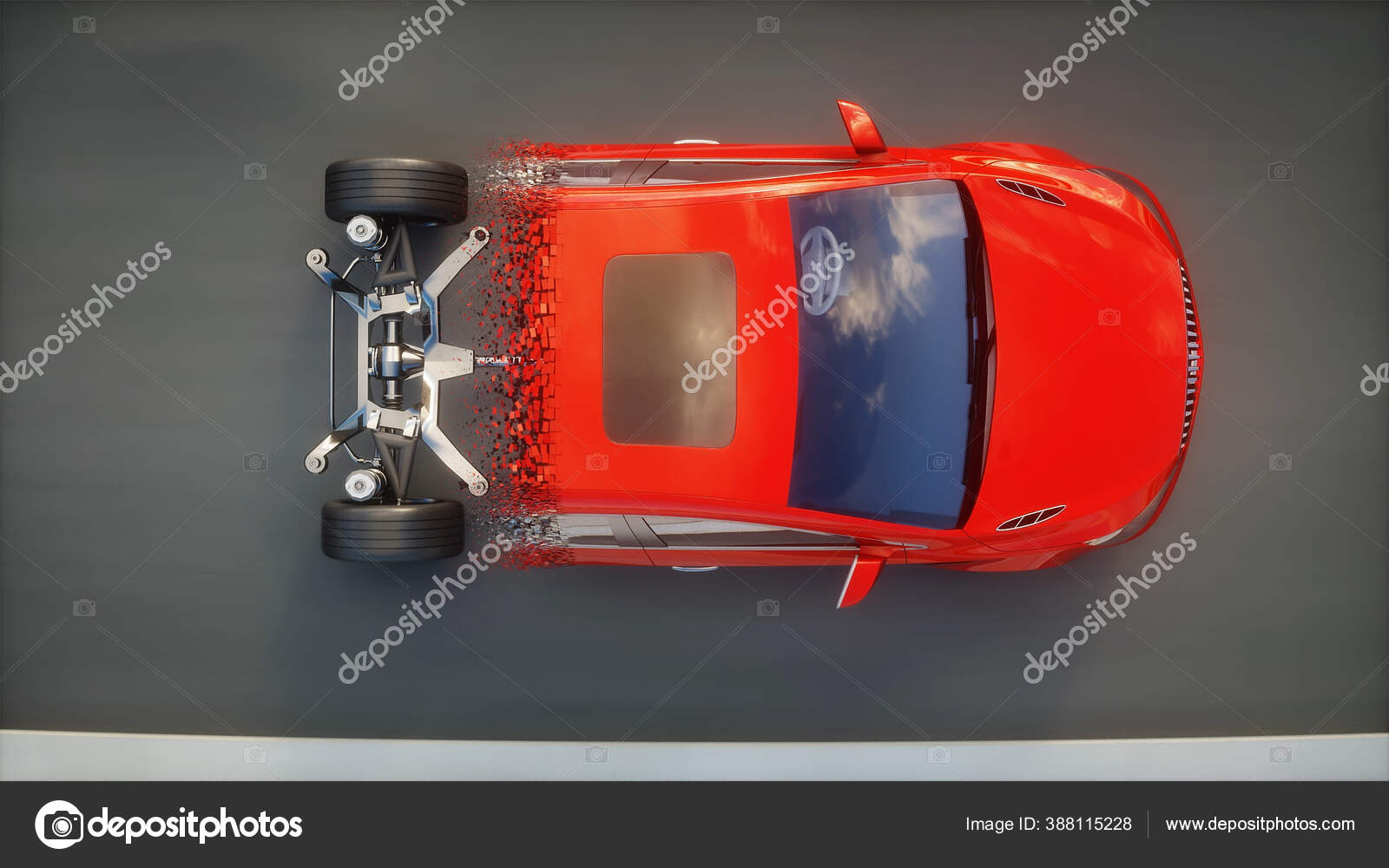 Red car chassis with engine on highway. Transition with particles. Very ...