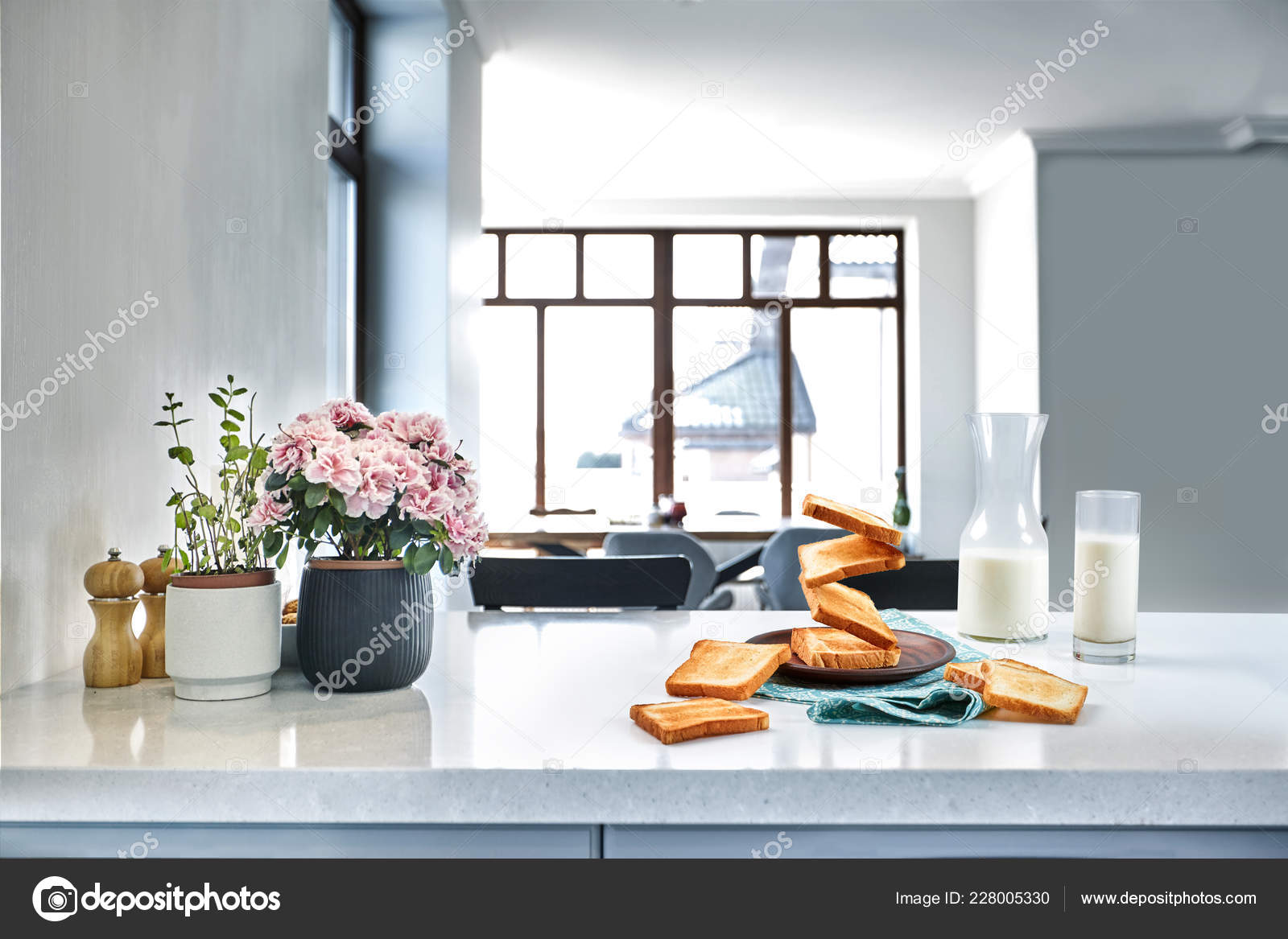 Flying toasts for breakfast and a glass of milk drink. Levitation food ...