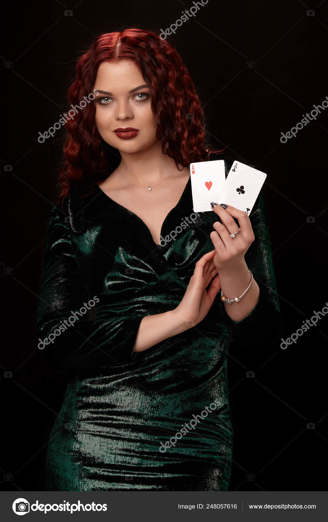 Young beautiful woman with playing cards over black. Casino Stock Photo ...