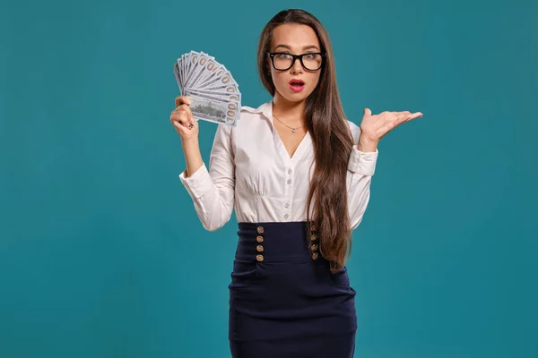 Brunette Girl In Glasses Wearing In A Black Short Skirt And White