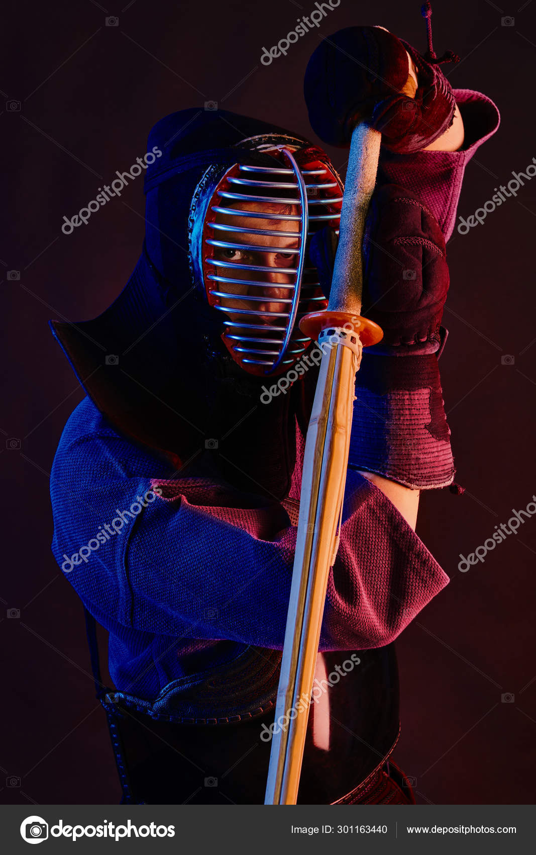 Close up shot, Kendo fighter wearing in an armor, traditional kimono ...
