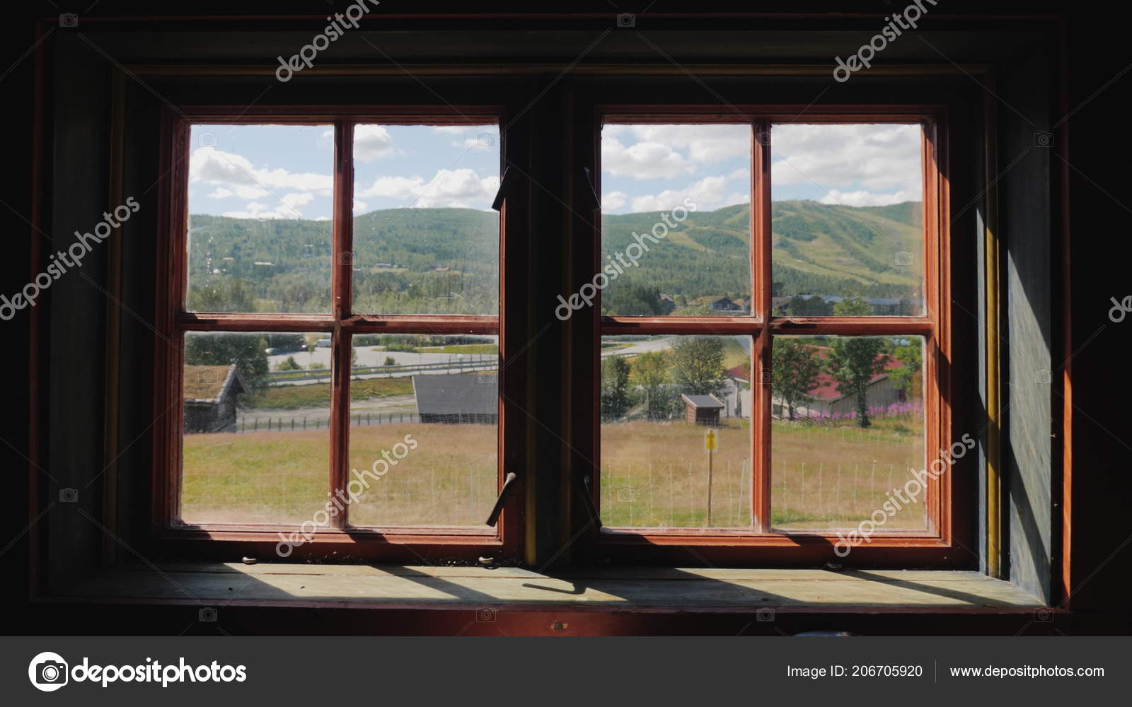 View through an old vintage window on a beautiful landscape in Norway ...