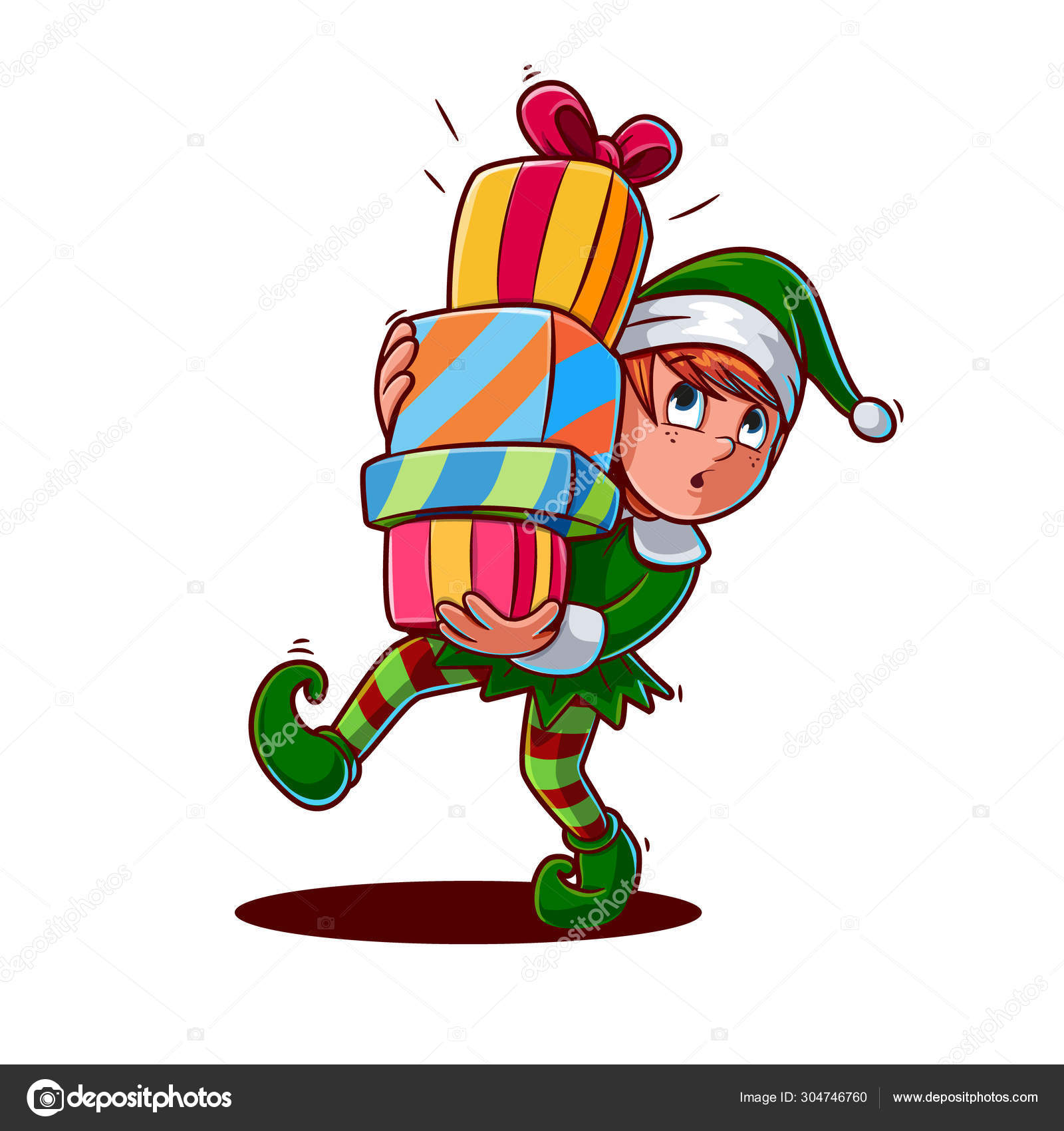 Elf Boy Carrying Stack Christmas Presents Isolated Character White ...