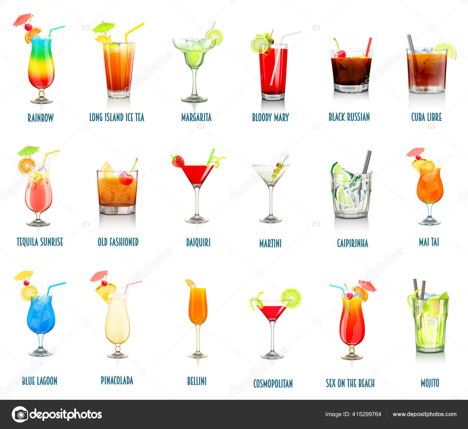 Popular Cocktail Set Vector Illustration Isolated White Stock Illustration By ©mollicart 415299764