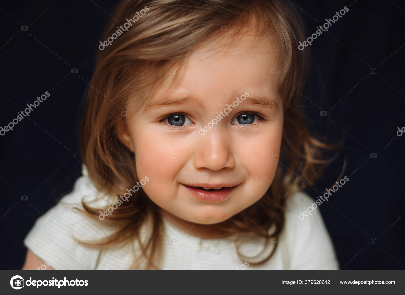 Close Portrait Crying Little Child Big Blue Eyes Black Background Stock ...